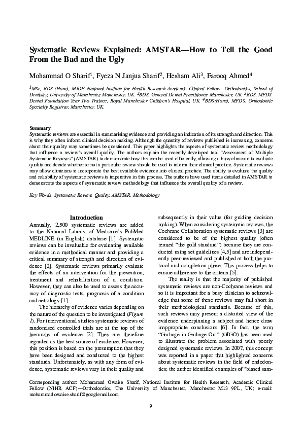 (PDF) Systematic reviews explained: AMSTAR-how to tell the good from ...