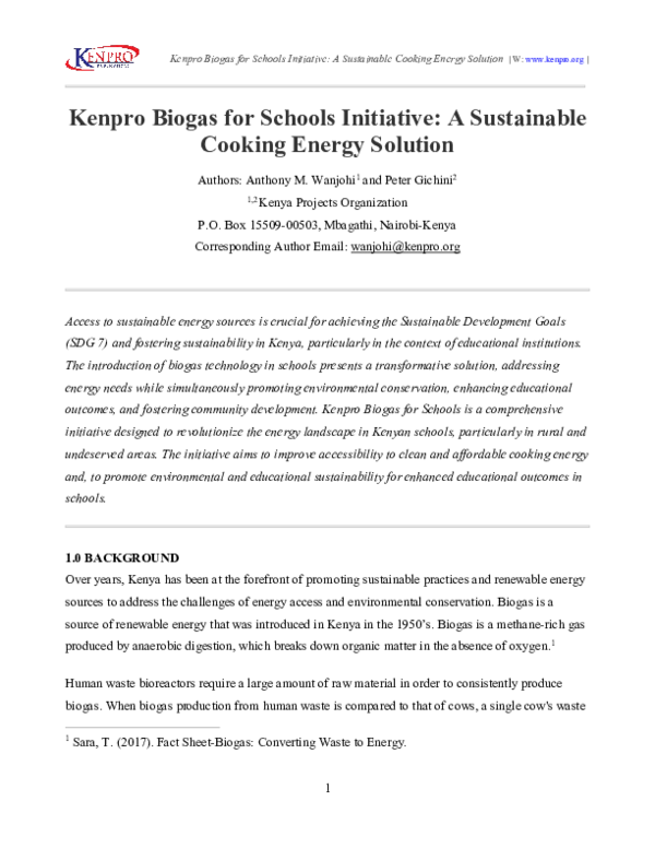 (PDF) Kenpro Biogas for Schools Initiative: A Sustainable Cooking Energy Solution
