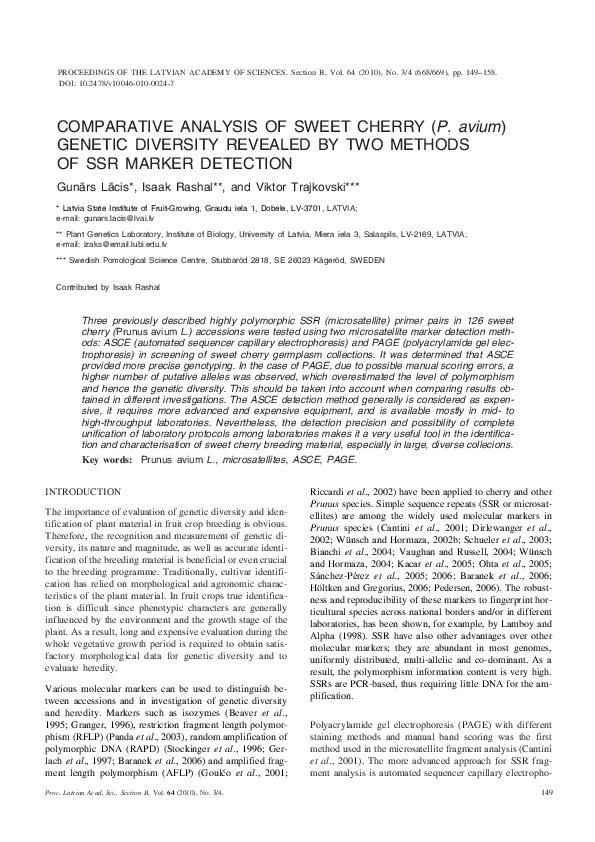 (PDF) Comparative analysis of sweet cherry (P. avium) genetic diversity revealed by two methods ...