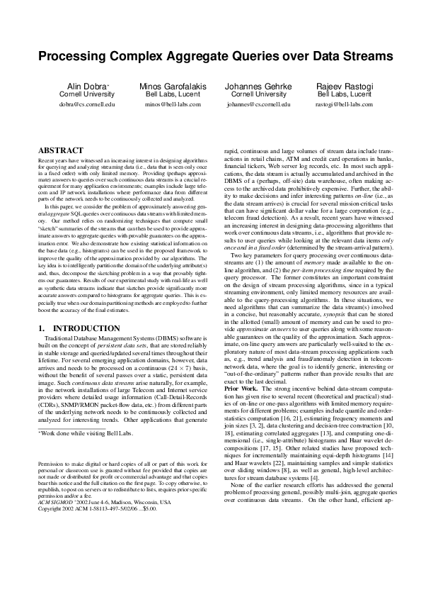 (PDF) Processing complex aggregate queries over data streams