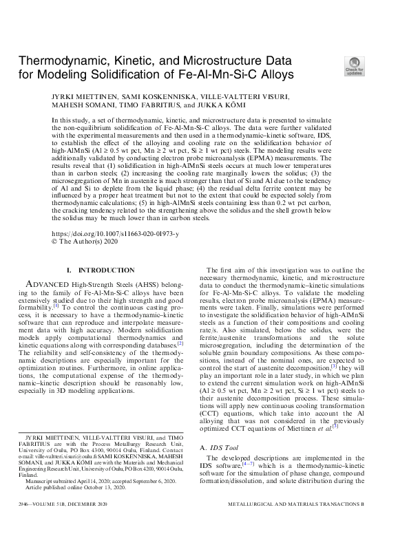 (PDF) Thermodynamic, Kinetic, and Microstructure Data for Modeling Solidification of Fe-Al-Mn-Si ...