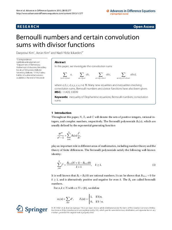 Pdf Bernoulli Numbers And Certain Convolution Sums With Divisor Functions