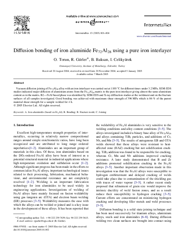 (PDF) Diffusion bonding of iron aluminide Fe72Al28 using a pure iron ...