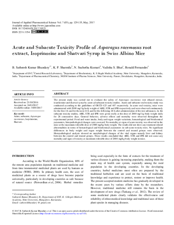 (PDF) Acute and Subacute Toxicity Profile of Asparagus racemosus root ...