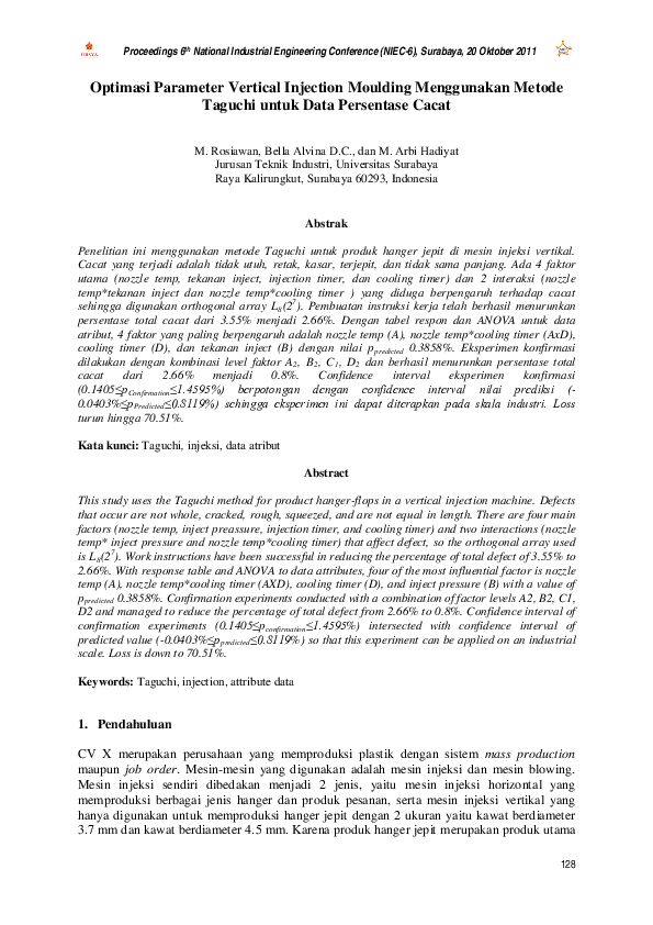 (PDF) Optimasi Parameter Vertical Injection Moulding Menggunakan Metode Taguchi untuk Data ...