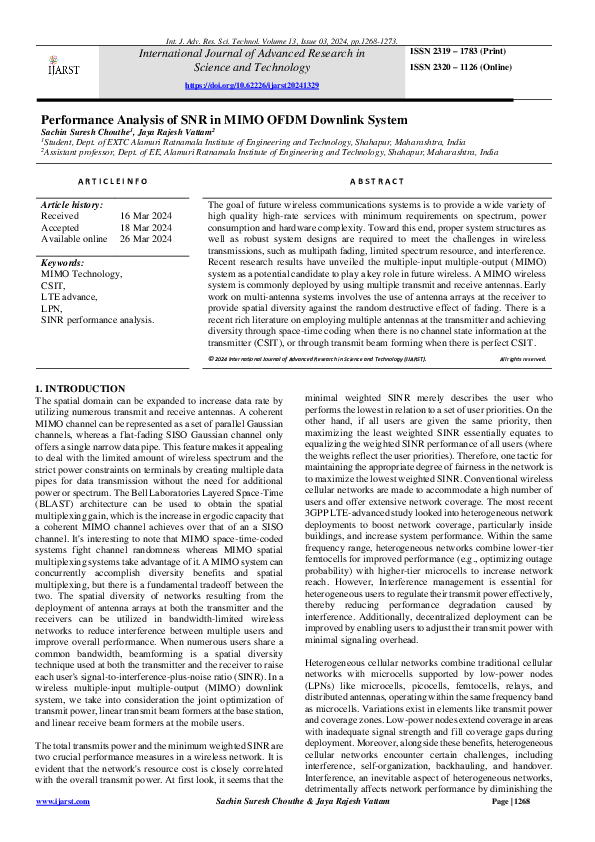 Pdf Performance Analysis Of Snr In Mimo Ofdm Downlink System