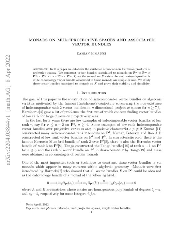 (PDF) Monads on multiprojective spaces and associated vector bundles