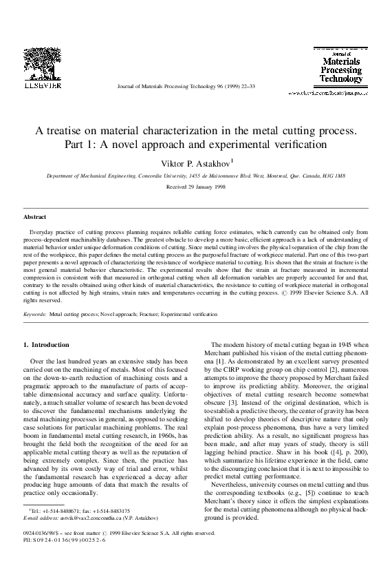 (PDF) A treatise on material characterization in the metal cutting ...