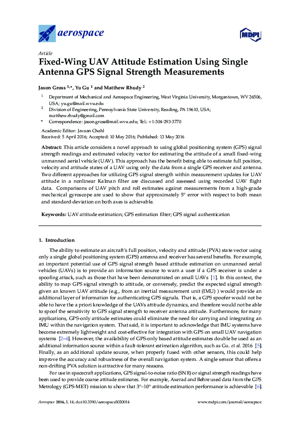 (PDF) Fixed-Wing UAV Attitude Estimation Using Single Antenna GPS Signal Strength Measurements