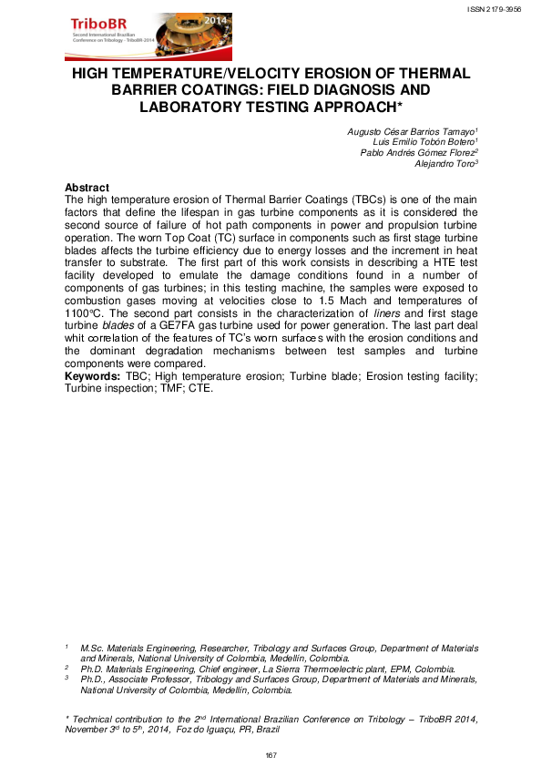 (PDF) High Temperature/Velocity Erosion of Thermal Barrier Coatings ...