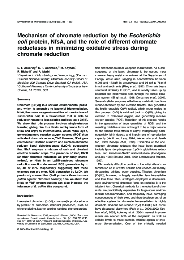 Mechanism of chromate reduction by the Escherichia coli protein, NfsA ...