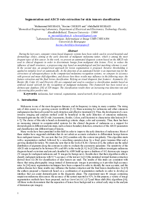 (PDF) Segmentation and ABCD rule extraction for skin tumors classification