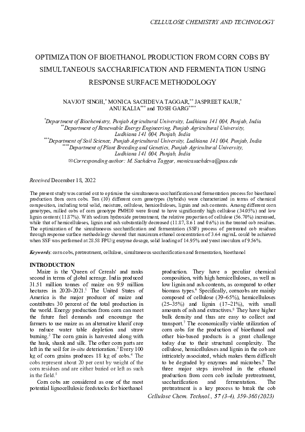 (PDF) Optimization of Bioethanol Production from Corn Cobs by Simultaneous Saccharification and ...