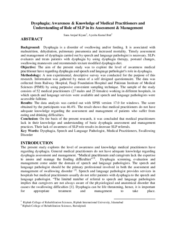 (PDF) Dysphagia; Awareness & Knowledge of Medical Practitioners and ...
