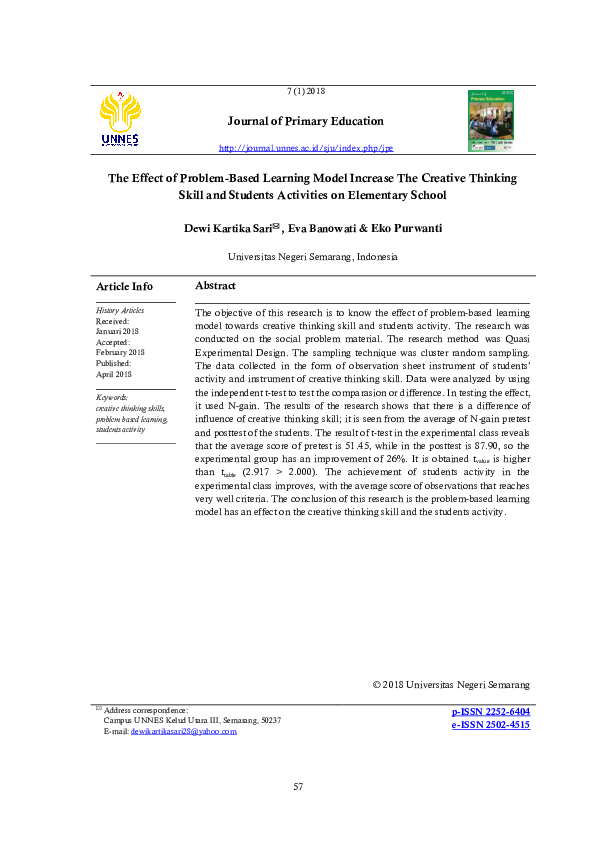 (PDF) The Effect of Problem-Based Learning Model Increase The Creative ...