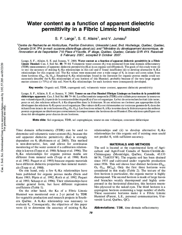 (PDF) Water content as a function of apparent dielectric permittivity ...