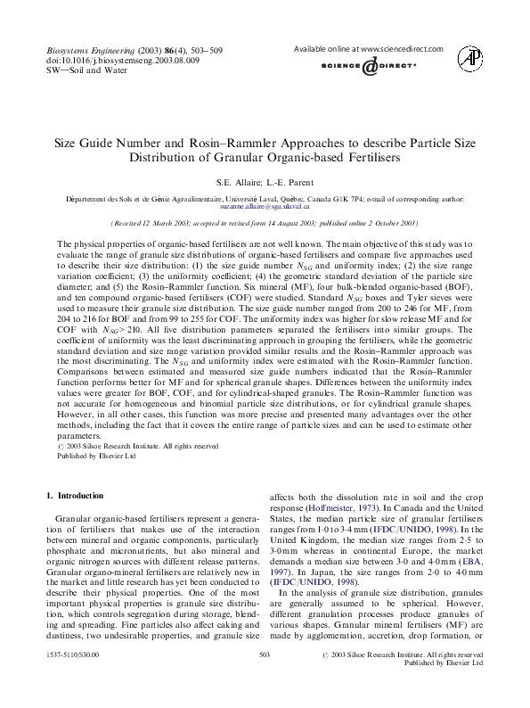 (PDF) Size Guide Number and Rosin–Rammler Approaches to describe ...