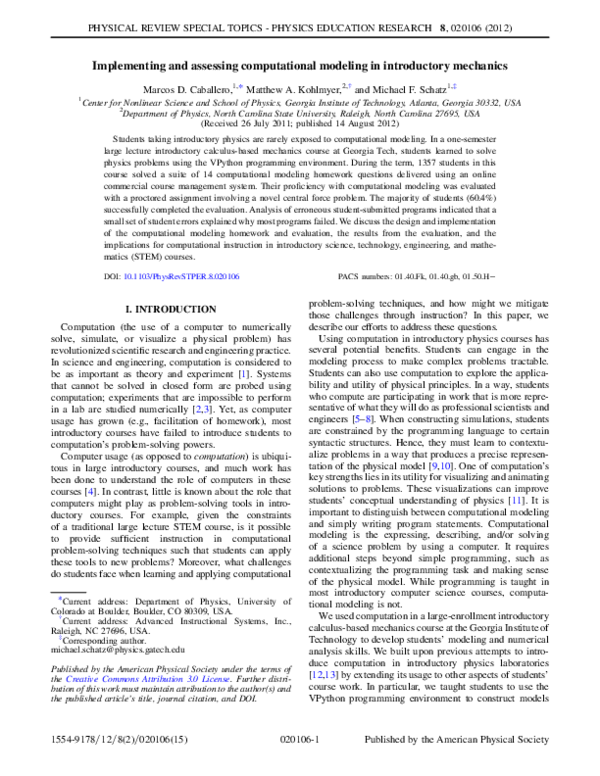 (PDF) Implementing and assessing computational modeling in introductory mechanics