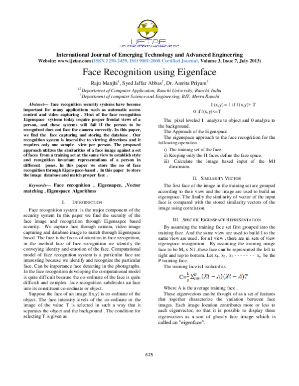 (PDF) Face Recognition using Eigenface