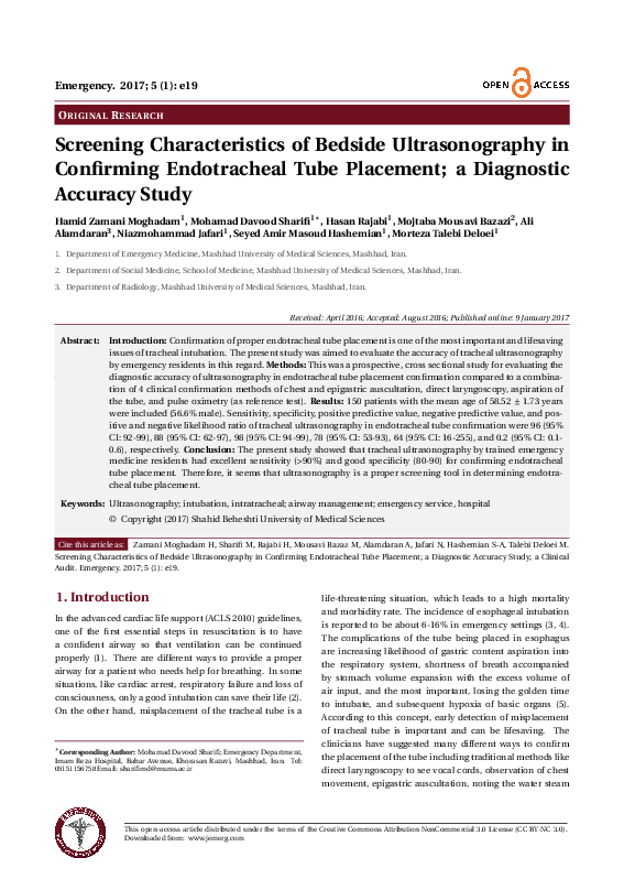 (PDF) Screening Characteristics of Bedside Ultrasonography in Confirming Endotracheal Tube ...
