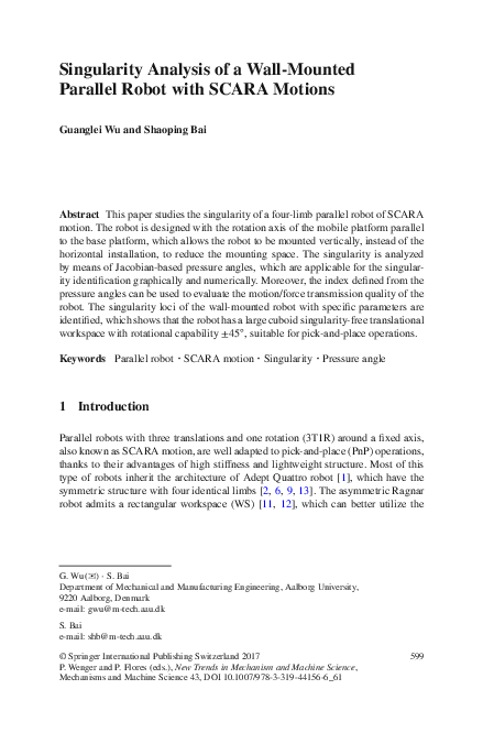 (PDF) Singularity Analysis of a Wall-Mounted Parallel Robot with SCARA Motions