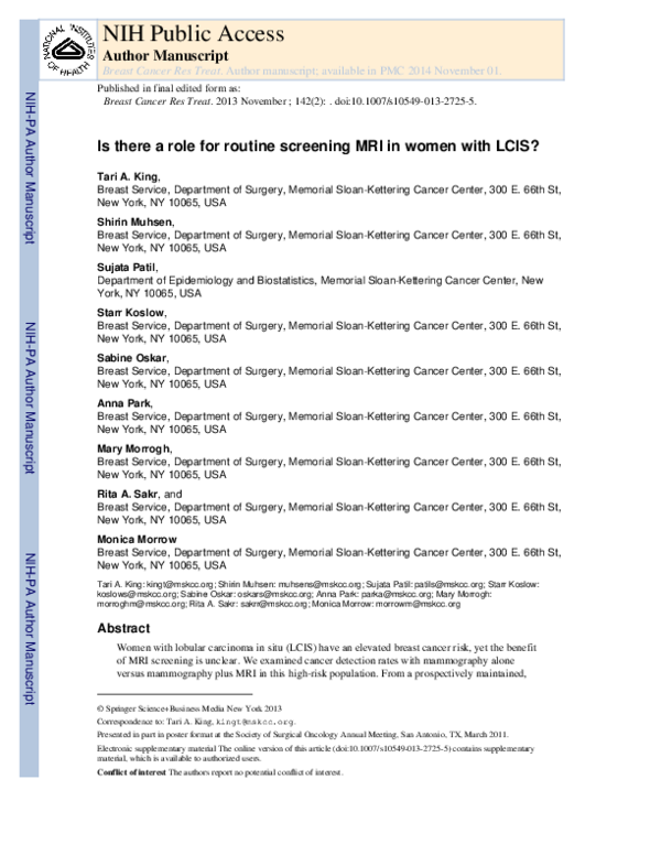 (PDF) Is there a role for routine screening MRI in women with LCIS?