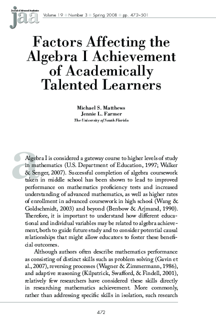 (PDF) Factors Affecting the Algebra I Achievement of Academically ...
