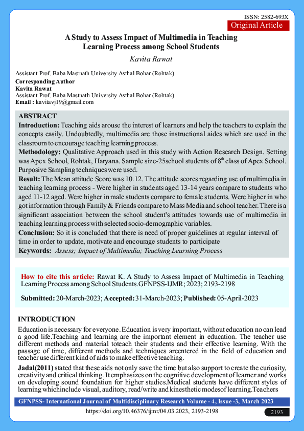 (PDF) A Study to Assess Impact of Multimedia in Teaching Learning ...