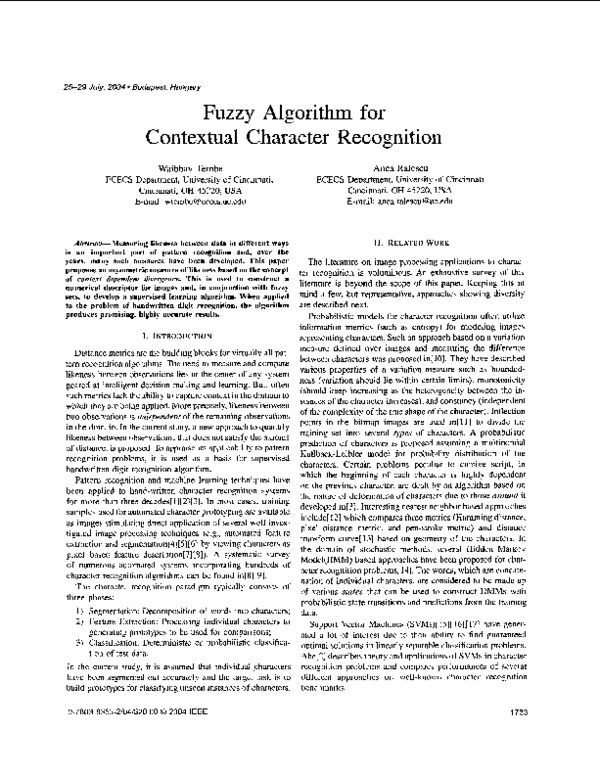 (PDF) Fuzzy algorithm for contextual character recognition