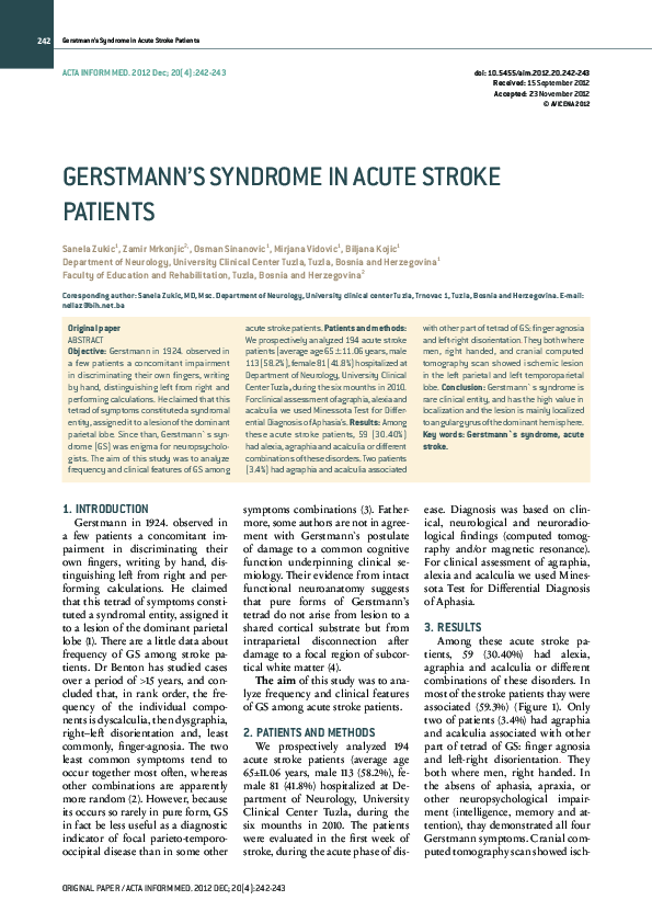 Gerstmann's Syndrome in Acute Stroke Patients
