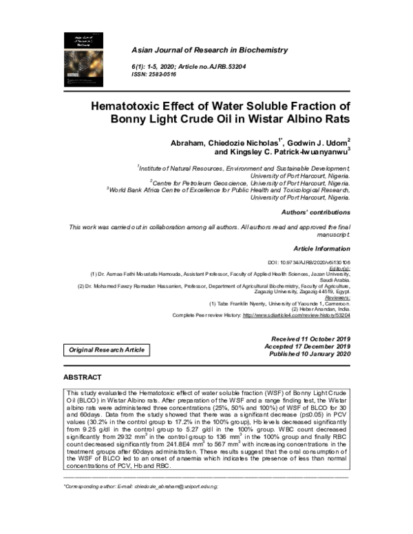 (PDF) Hematotoxic Effect of Water Soluble Fraction of Bonny Light Crude ...