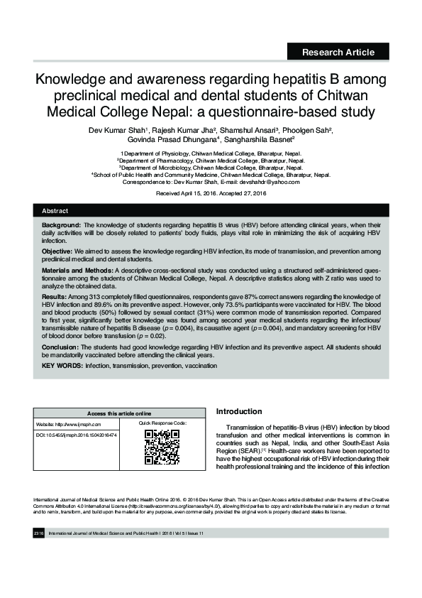 (PDF) Knowledge and awareness regarding hepatitis B among preclinical medical and dental ...