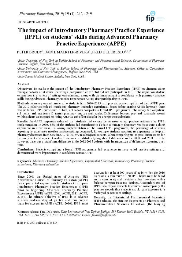 (PDF) RESEARCH ARTICLE: The impact of Introductory Pharmacy Practice ...