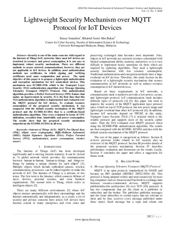 (PDF) Lightweight Security Mechanism over MQTT Protocol for IoT Devices