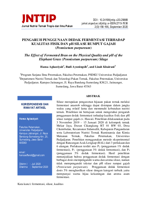 (PDF) PENGARUH PENGGUNAAN DEDAK FERMENTASI TERHADAP KUALITAS FISIK DAN pH SILASE RUMPUT GAJAH ...