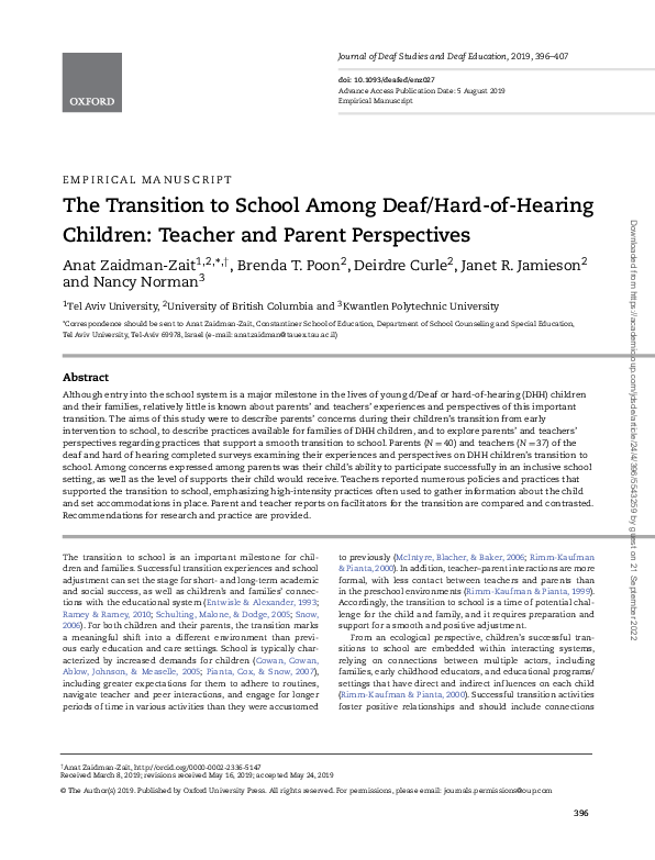 (PDF) The Transition to School Among Deaf/Hard-of-Hearing Children ...