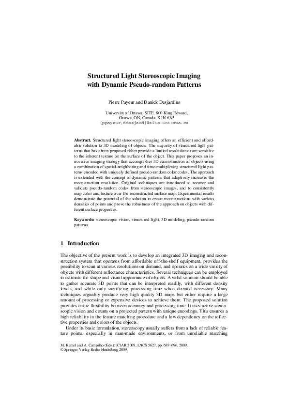 (PDF) Structured Light Stereoscopic Imaging with Dynamic Pseudo-random Patterns