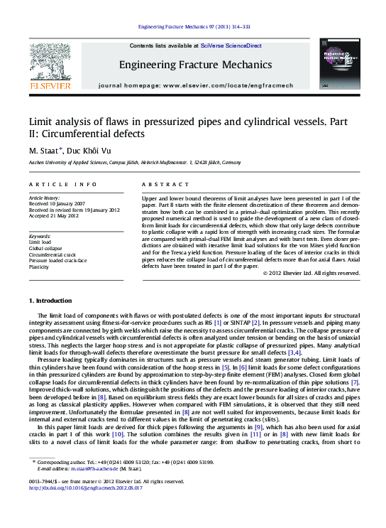 (PDF) Limit analysis of flaws in pressurized pipes and cylindrical ...