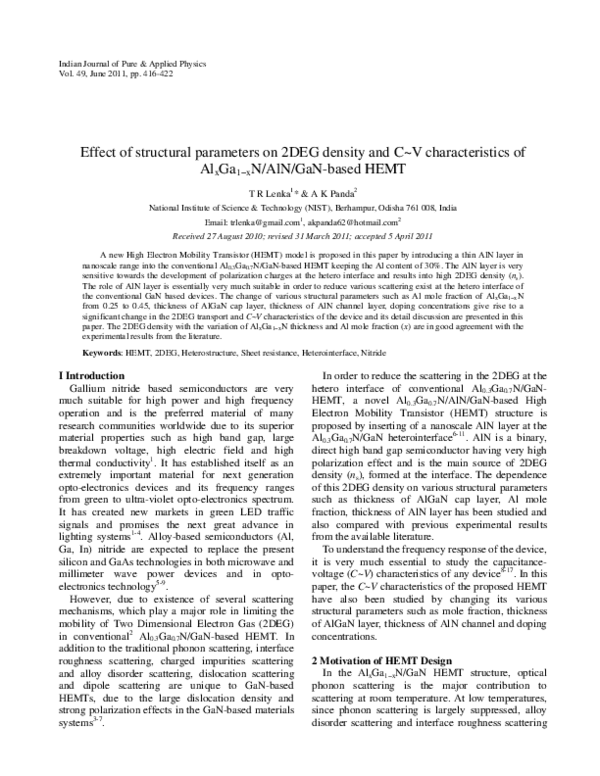 (PDF) Effect of structural parameters on 2DEG density and C~V ...