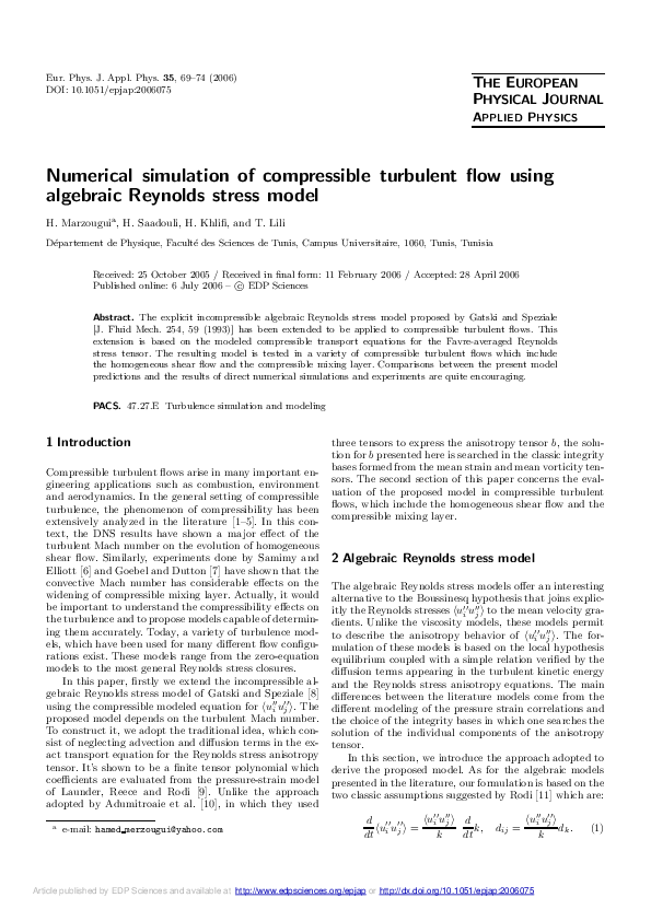 (PDF) Numerical simulation of compressible turbulent flow using ...