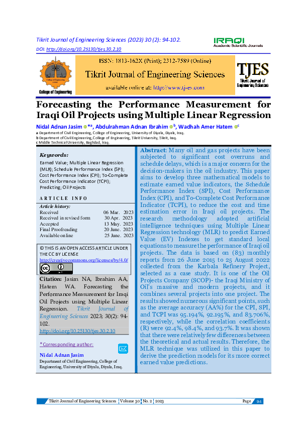 (PDF) Forecasting the Performance Measurement for Iraqi Oil Projects using Multiple Linear ...