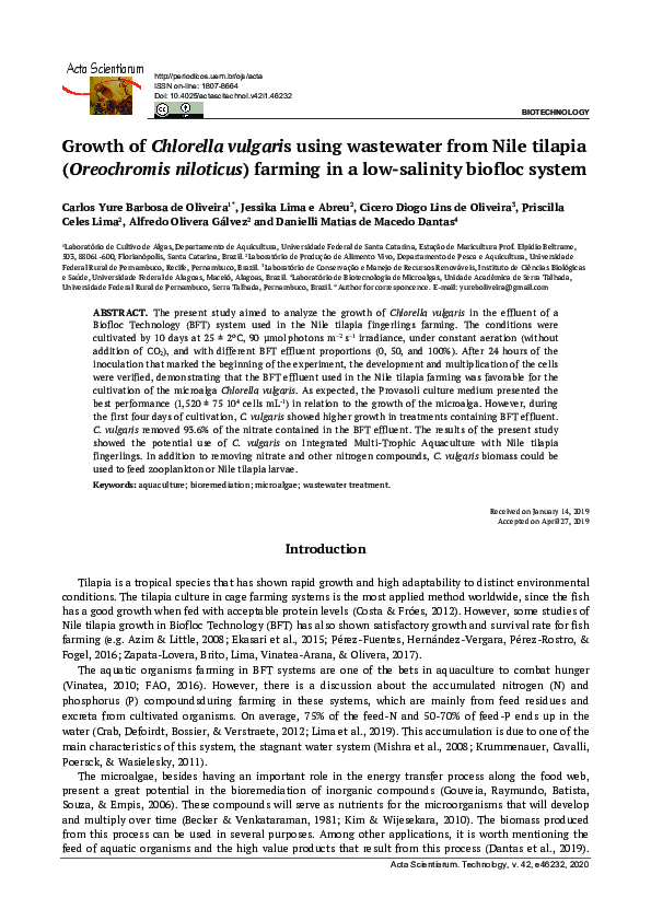 (PDF) Growth of Chlorella vulgaris using wastewater from Nile tilapia ...