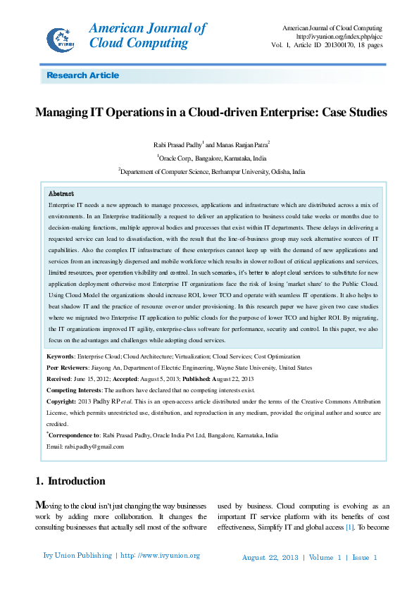 (PDF) Managing IT Operations in a Cloud-driven Enterprise: Case Studies