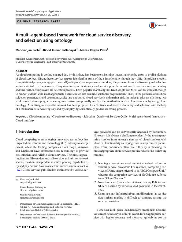 (PDF) A Multi-agent-Based Framework for Cloud Service Description and Discovery Using Ontology