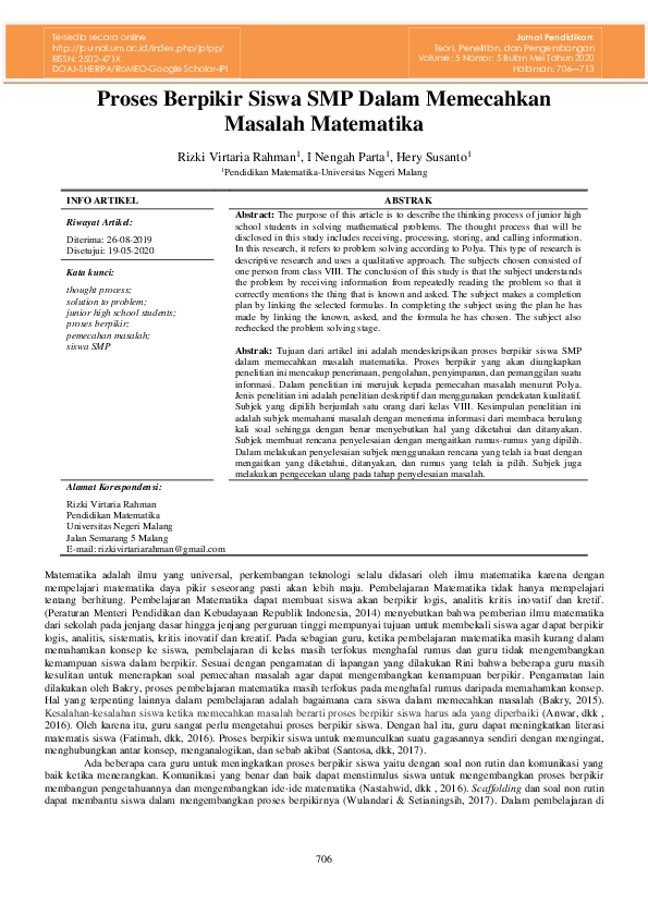 (PDF) Proses Berpikir Siswa SMP Dalam Memecahkan Masalah Matematika