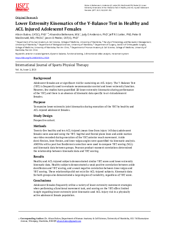 (PDF) Lower Extremity Kinematics of the Y-Balance Test in Healthy and ...