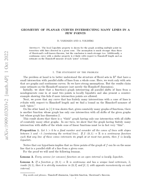 (PDF) Geometry of planar curves intersecting many lines in a few points