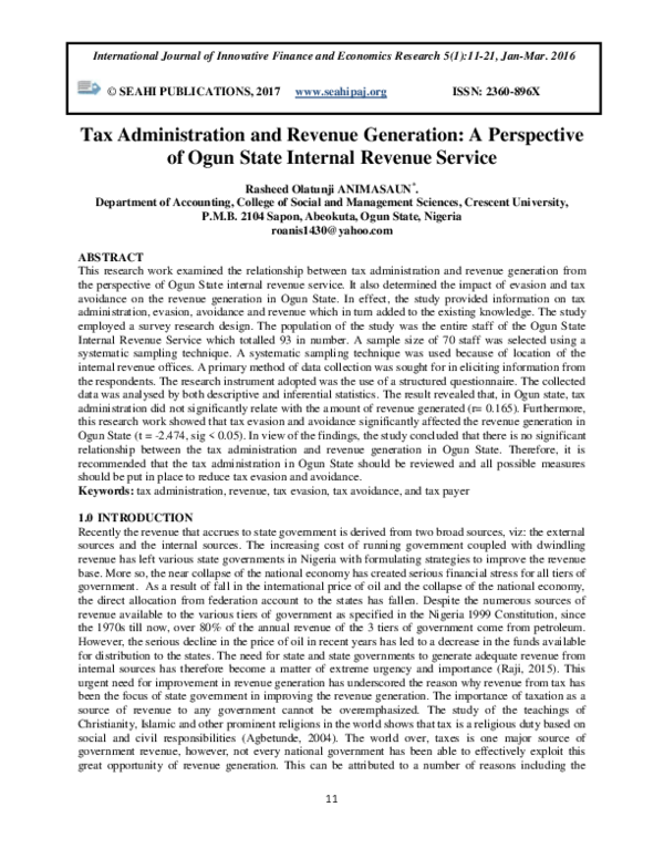 (PDF) Tax Administration and Revenue Generation : A Perspective of Ogun ...