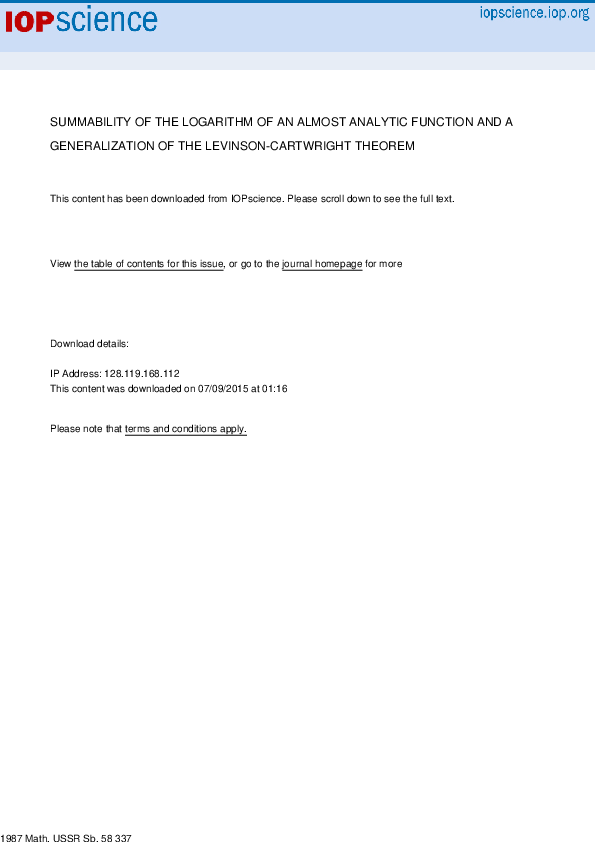 (PDF) Summability of the Logarithm of an Almost Analytic Function and a ...