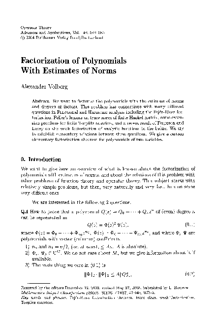 (PDF) Factorization of Polynomials With Estimates of Norms